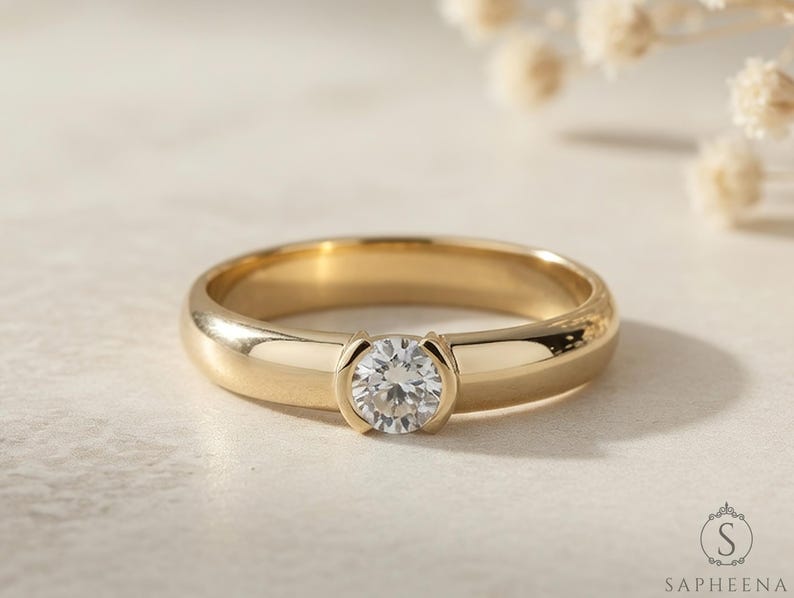 Round Half Bezel Solitaire Lab-grown Diamond Engagement Ring in Solid ...