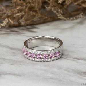 Multi Row Pink Sapphire Wedding Band, Triple Row Diamond Ring, Half ...