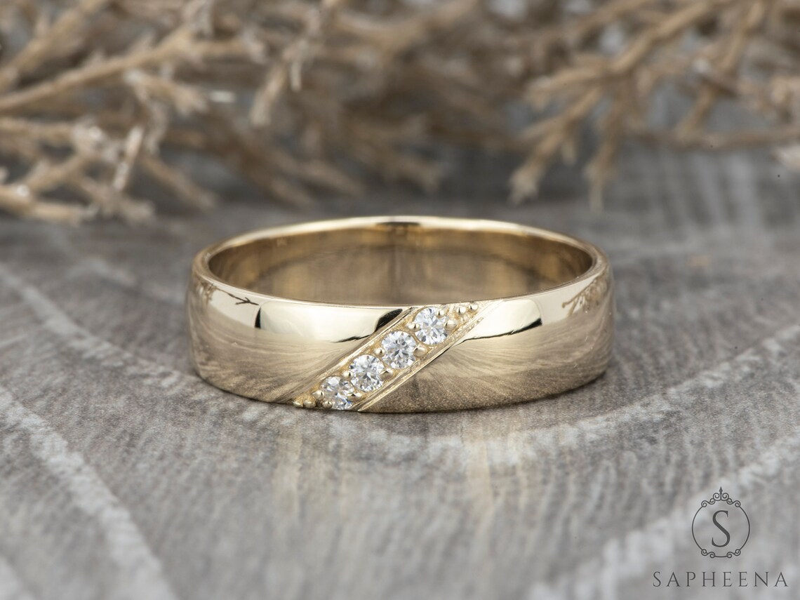 Mens Blue Sapphire Wedding Band, Round Cut Sapphire 14k Gold Ring, 6mm ...