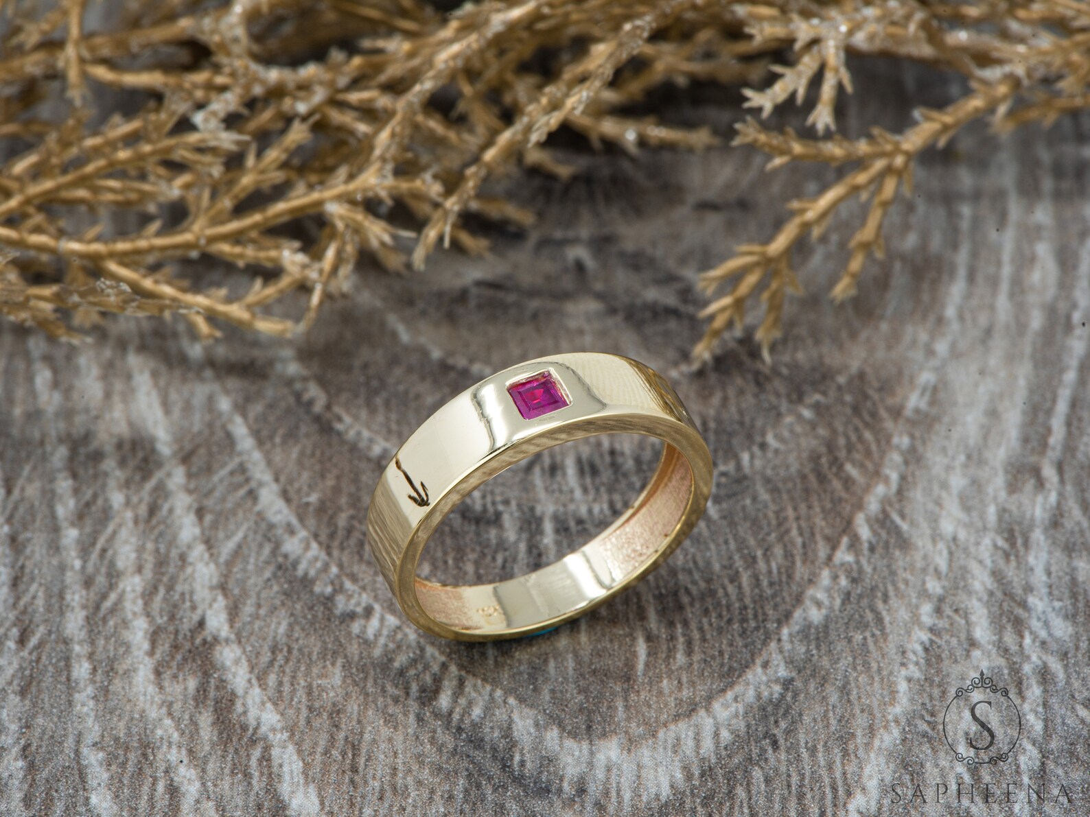Mens Ruby Wedding Band, Princess Cut Ruby Mens Wedding Band, Solid Gold ...