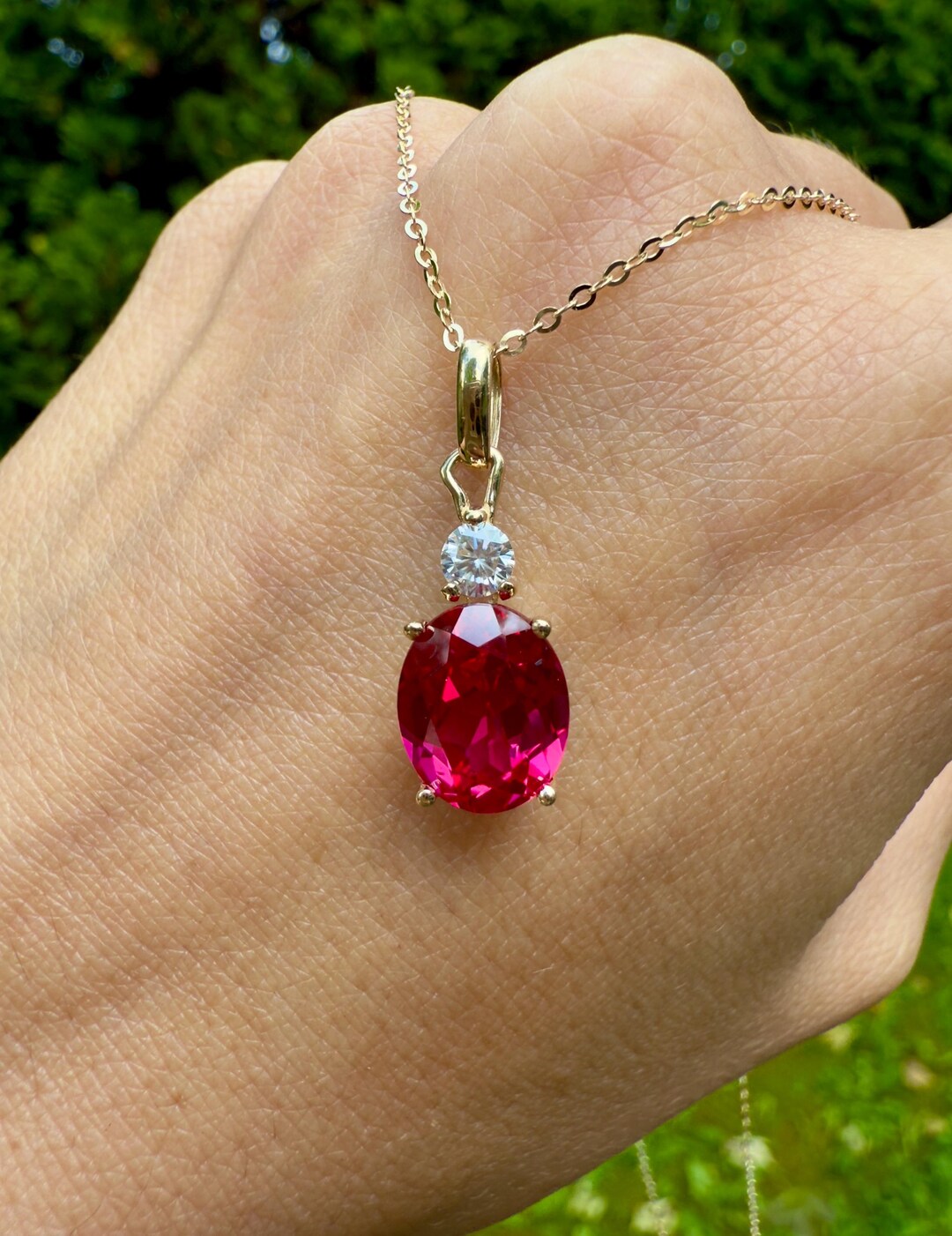 3.5 Ct Oval Ruby Necklace, Ruby and Moissanite Pendant, Solid Gold ...