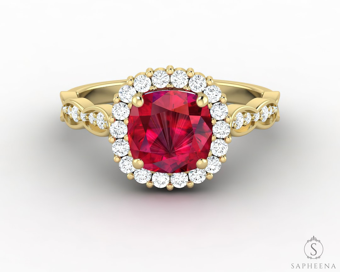 Halo Cushion Cut Ruby Engagement Ring, Vintage Chatham Red Ruby Wedding ...