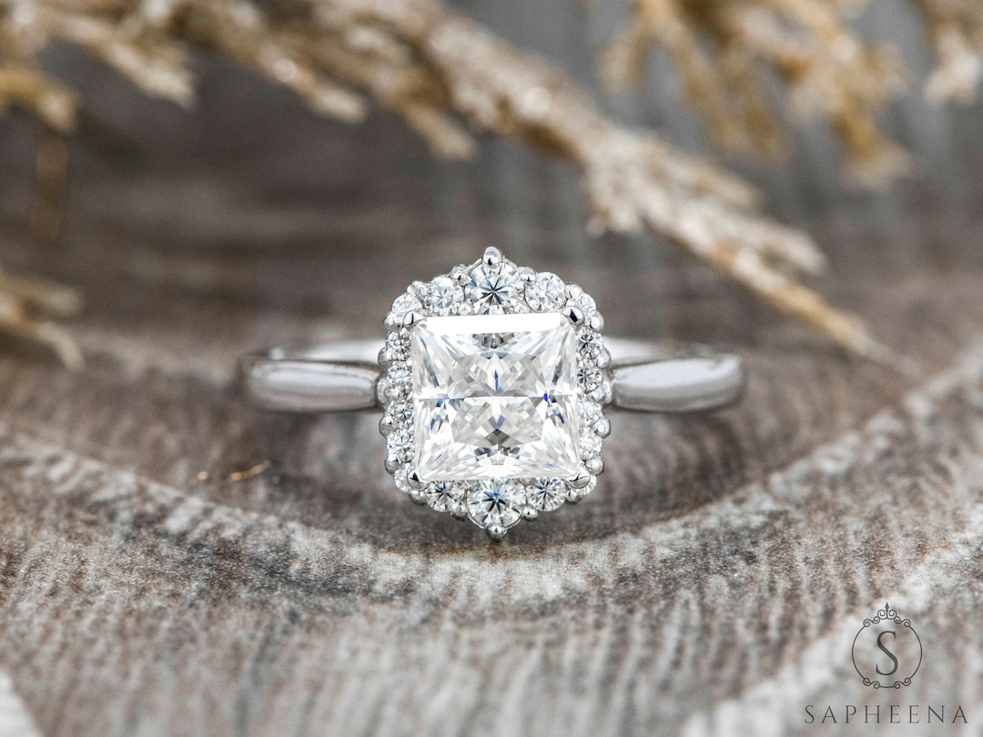 Princess Cut Halo Moissanite Engagement Ring, Lab-diamond Square Cut ...