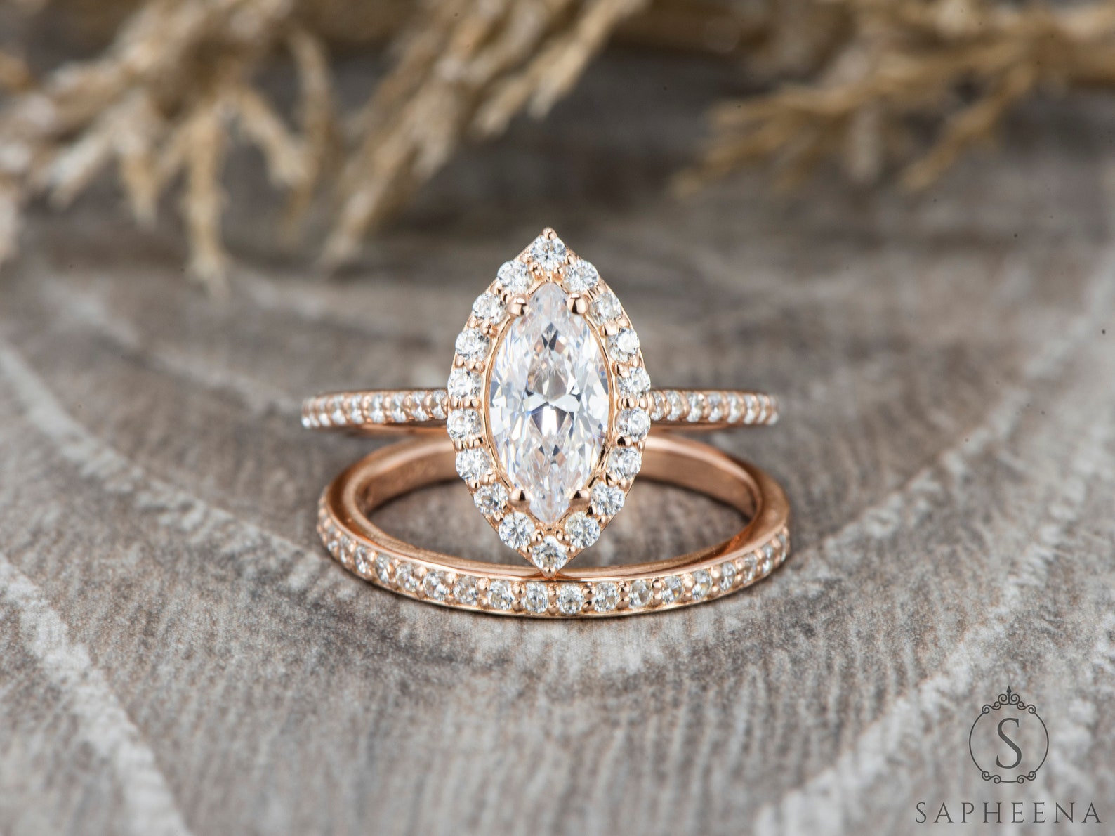 1.0 Ct Marquise Cut Lab Diamond Halo Engagement Ring, Matching Wedding ...