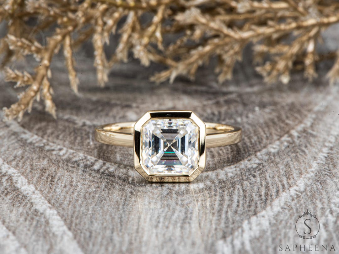 Asscher Cut Moissanite Bezel Engagement Ring • Solid Gold or Platinum ...