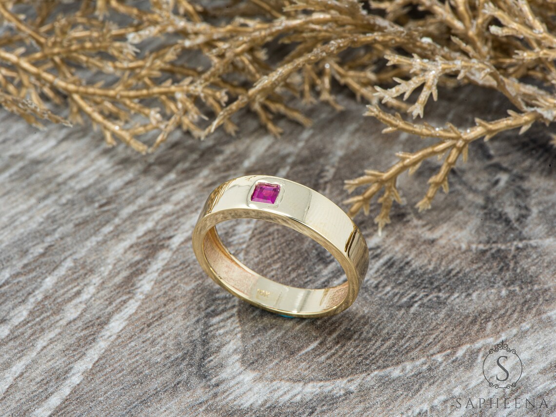 Mens Ruby Wedding Band, Princess Cut Ruby Mens Wedding Band, Solid Gold ...