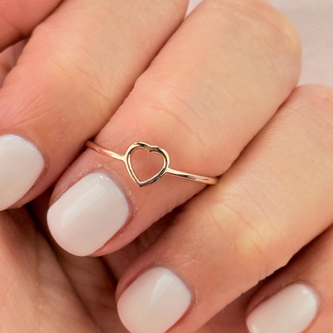 Dainty Gold Heart Ring, Open Heart Gold Ring, Solid Gold Love Band ...
