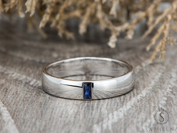 4.5mm Mens Blue Sapphire Wedding Band Baguette Cut Blue Sapphire Band Comfort Fit Mens Ring Mens Baguette Cut Blue Sapphire Ring Etsy