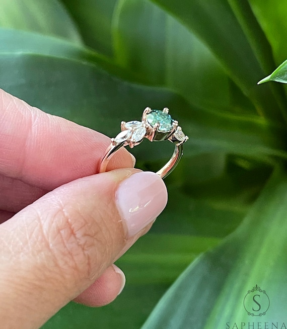 Round Cut Moissanite Cluster Engagement Ring Teal Moissanite Ring Moissanite Marquise Wedding Ring Bridal Ring Solid 14k 18k Gold Ring Etsy