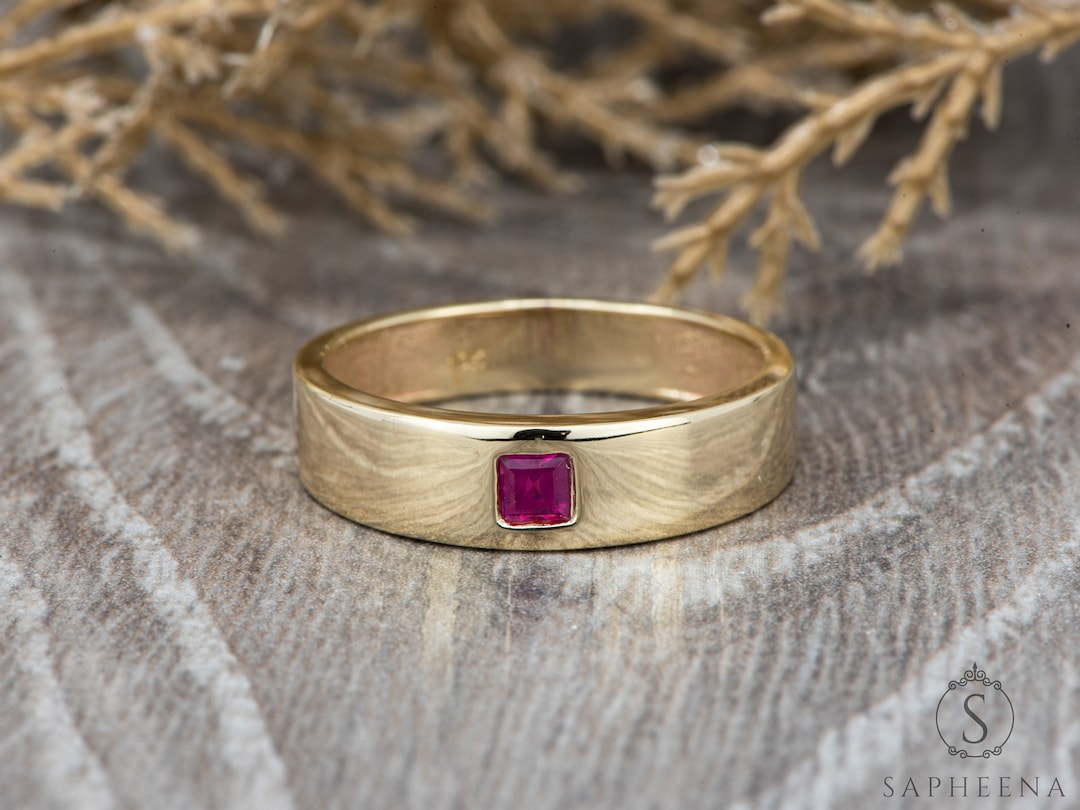 Mens Ruby Wedding Band, Princess Cut Ruby Mens Wedding Band, Solid Gold ...