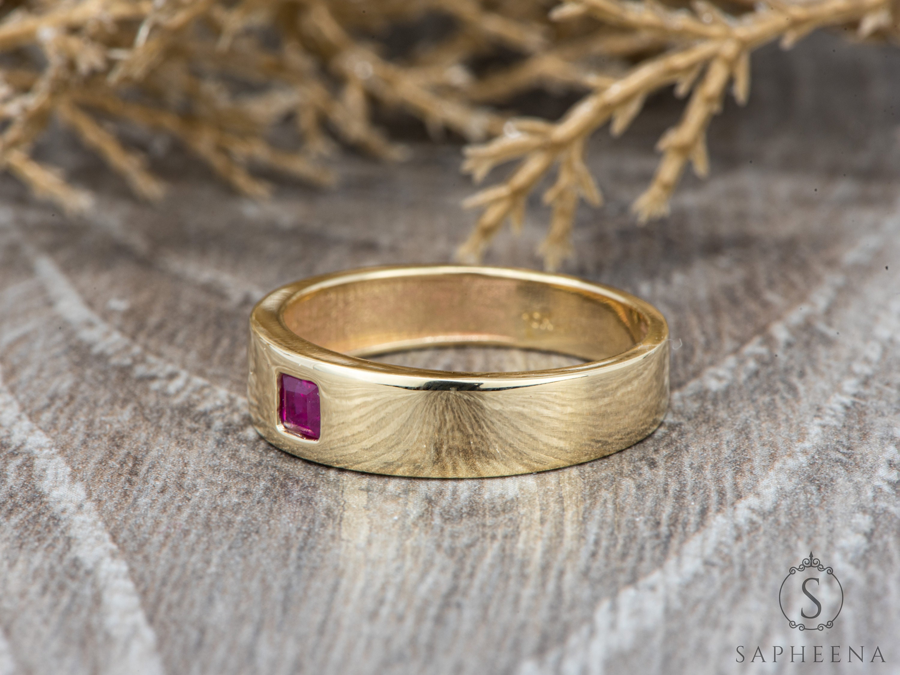 Mens Ruby Wedding Band, Princess Cut Ruby Mens Wedding Band, Solid Gold ...