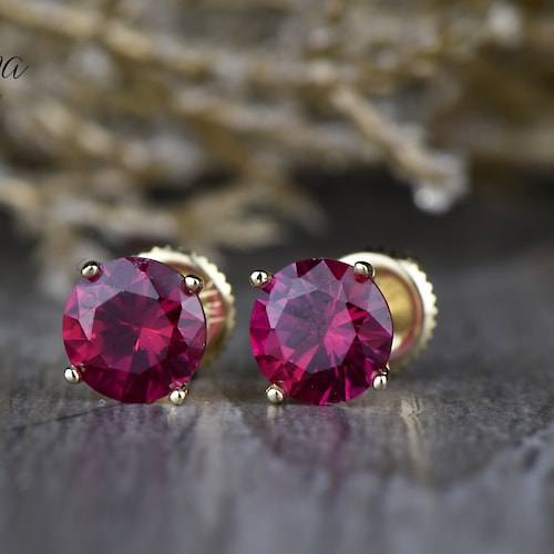14K Yellow Gold Ruby Stud Earrings Genuine Red Ruby Gemstone - Etsy