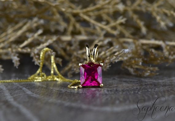 Red Ruby Heart Necklace Pendant in 14k Yellow Gold with 16 18Inch Dainty Box Chain July Birthstone Pendant Heart Ruby Necklace by Sapheena Etsy