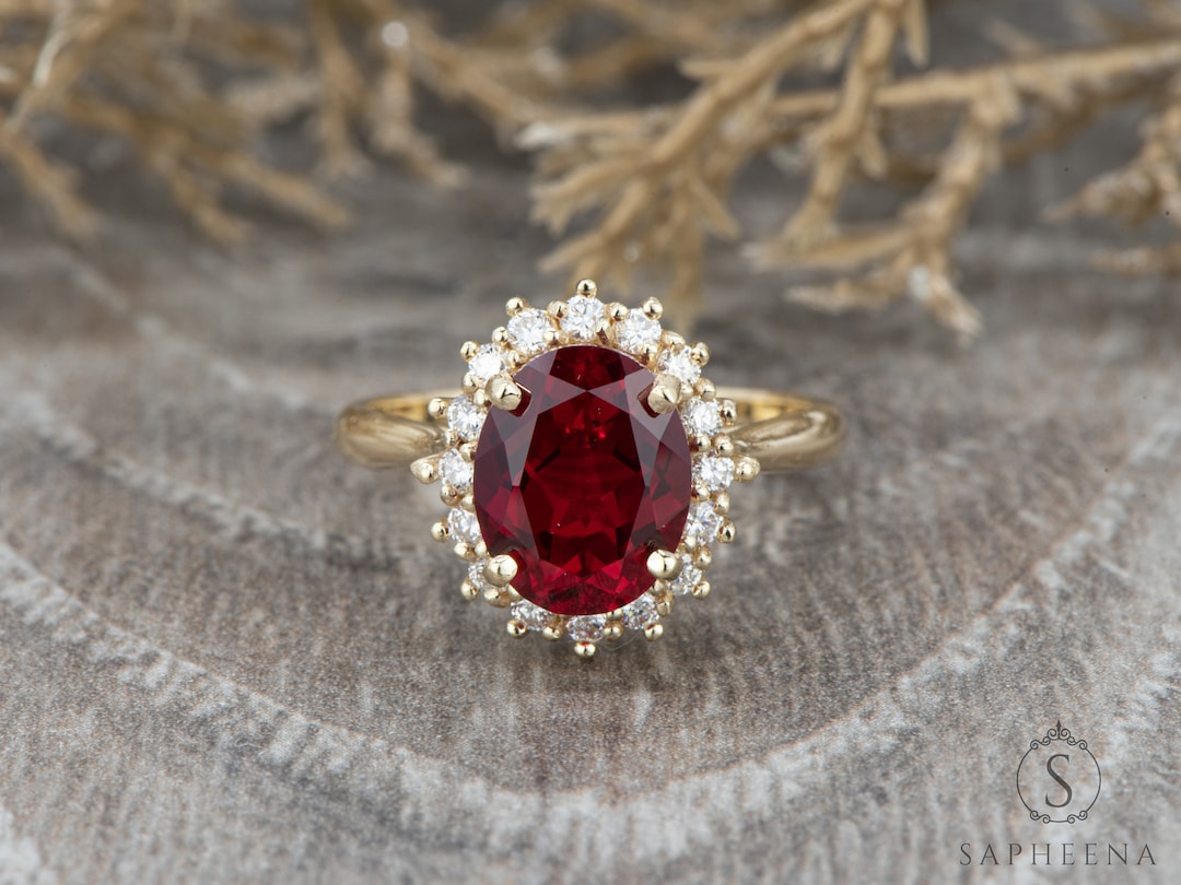 Ruby Halo Engagement Ring 2.75 Ct Oval in Solid Gold With Diamond ...