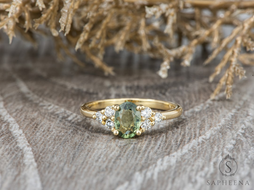Natural Green Sapphire Engagement Ring, Oval Cut Sapphire Cluster ...