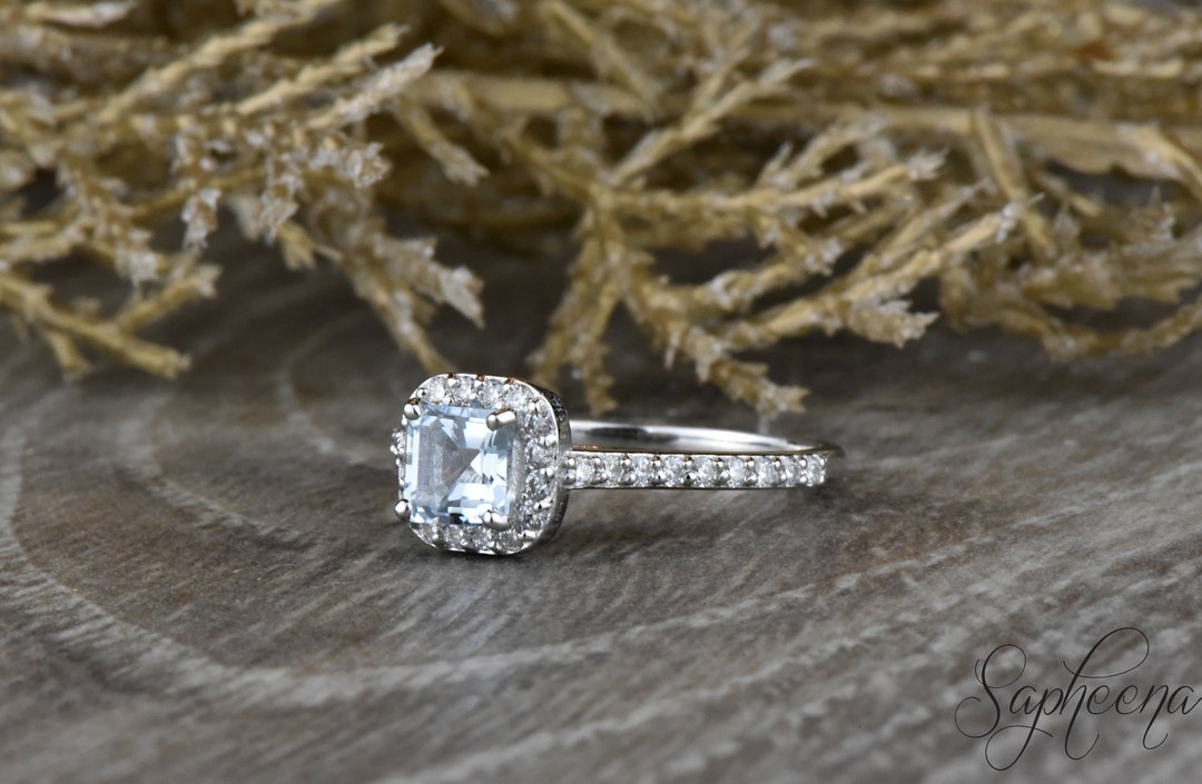 Asscher Cut Aquamarine Engagement Ring Diamond Halo Set - Etsy