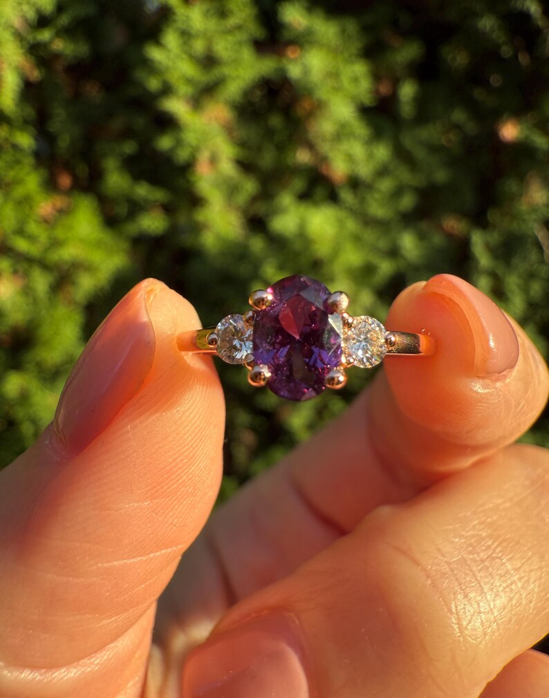 Oval Purple Sapphire Engagement Ring, Three Stone Diamond Ring in Solid ...