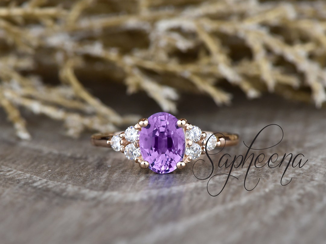 Anillo de compromiso de diamante y zafiro morado ovalado, Oro rosa, Anillo de racimo de zafiro ...