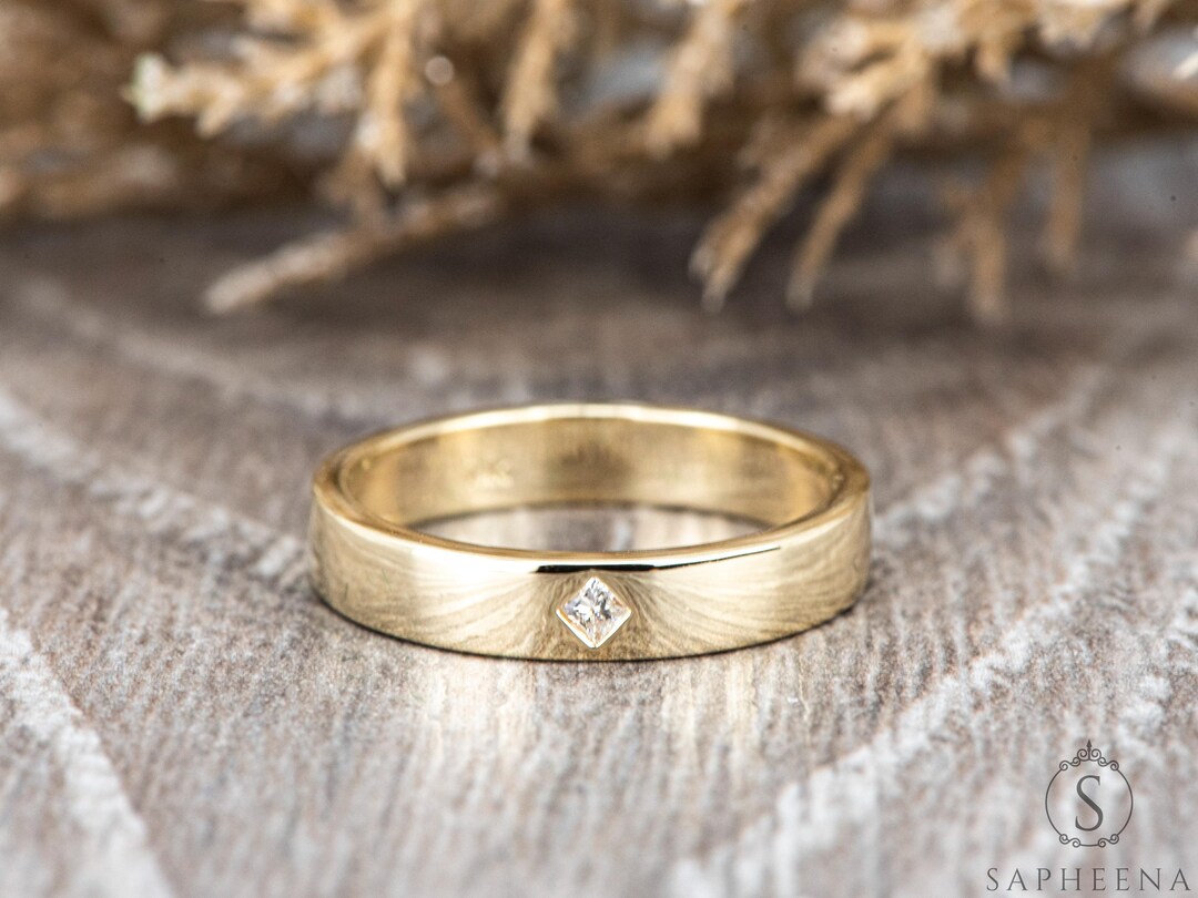4mm Solid Gold Band With Princess Cut Diamond, Minimalist Men’s or ...