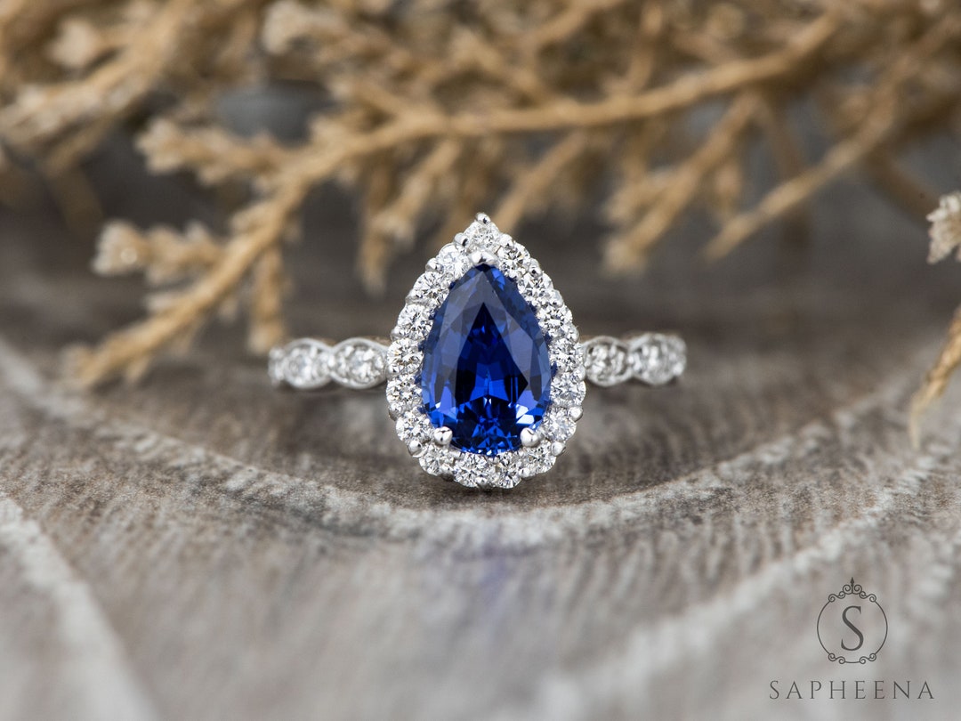 Pear Cut Blue Sapphire Halo Ring • Diamond Accent Gold/platinum ...