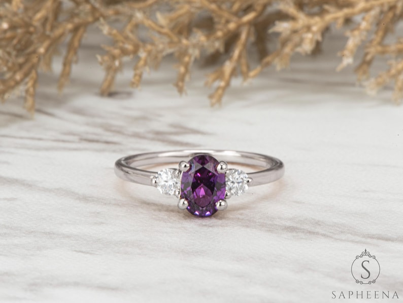 Oval Purple Sapphire Engagement Ring, Three Stone Diamond Ring in Solid ...