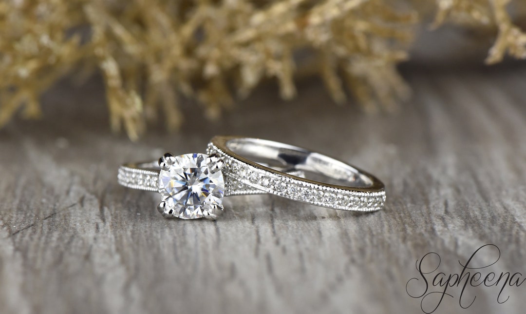 Cushion Cut Bridal Rings, Vintage Cushion Moissanite Wedding Set ...