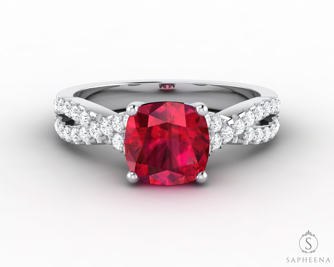 Cushion Cut Ruby Engagement Ring, Chatham Red Ruby Cushion Halo Wedding ...