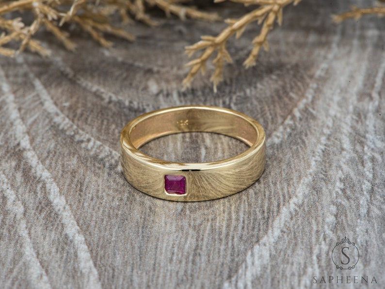 Mens Ruby Wedding Band, Princess Cut Ruby Mens Wedding Band, Solid Gold ...
