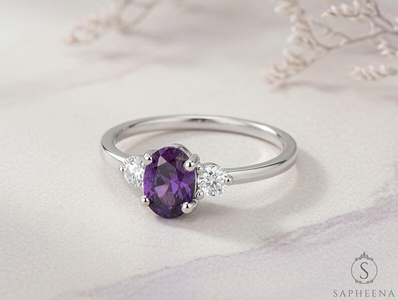 Oval Purple Sapphire Engagement Ring, Three Stone Diamond Ring in Solid ...