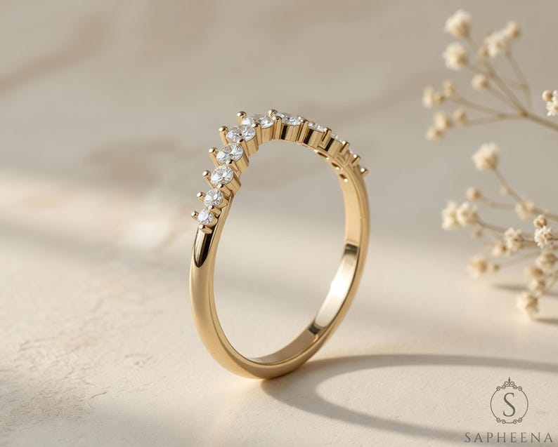 Ready to Ship: Curved Lab Diamond Wedding Band, Tiara Style in 14k ...