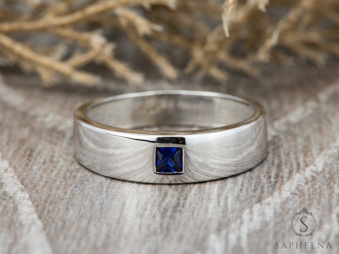 Mens Blue Sapphire Wedding Band, Princess Cut Blue Sapphire Mens ...