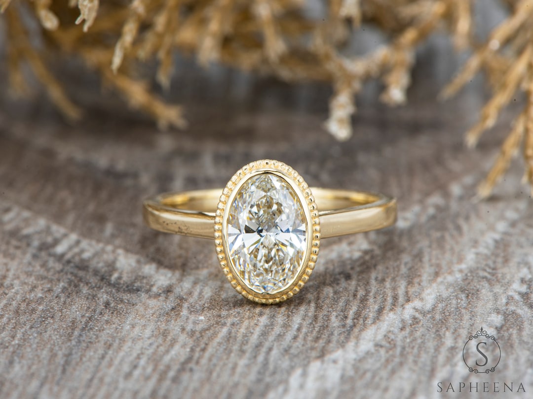 1.0 Ct Bezel Set Milgrain Oval Cut Diamond Engagement Ring, IGI Certified Lab-grown Diamond ...