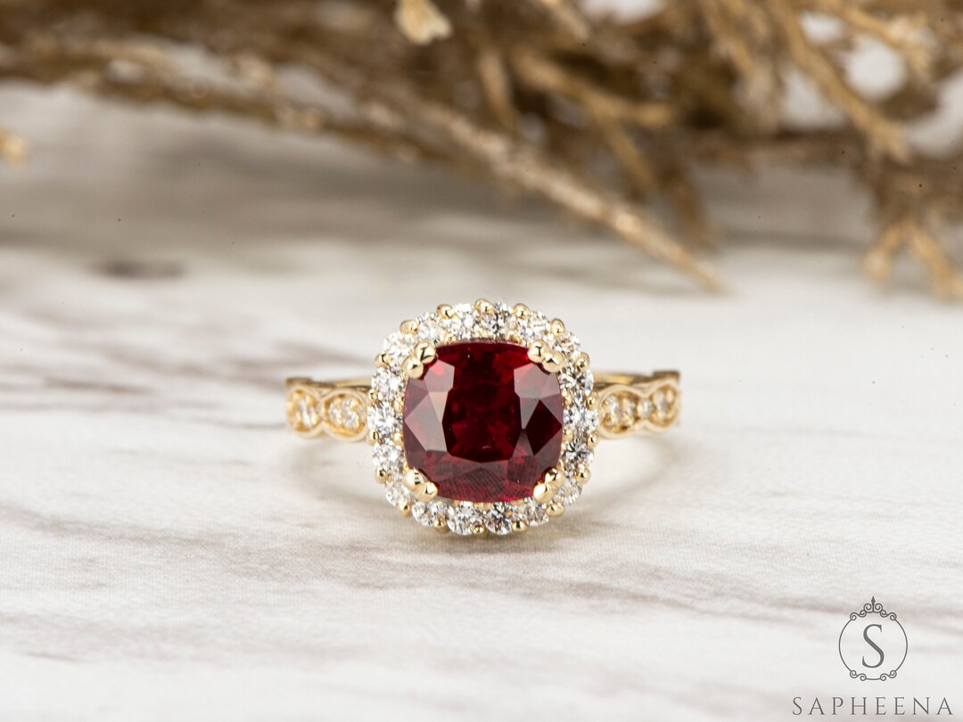 Halo Cushion Cut Ruby Engagement Ring, Vintage Chatham Red Ruby Wedding ...