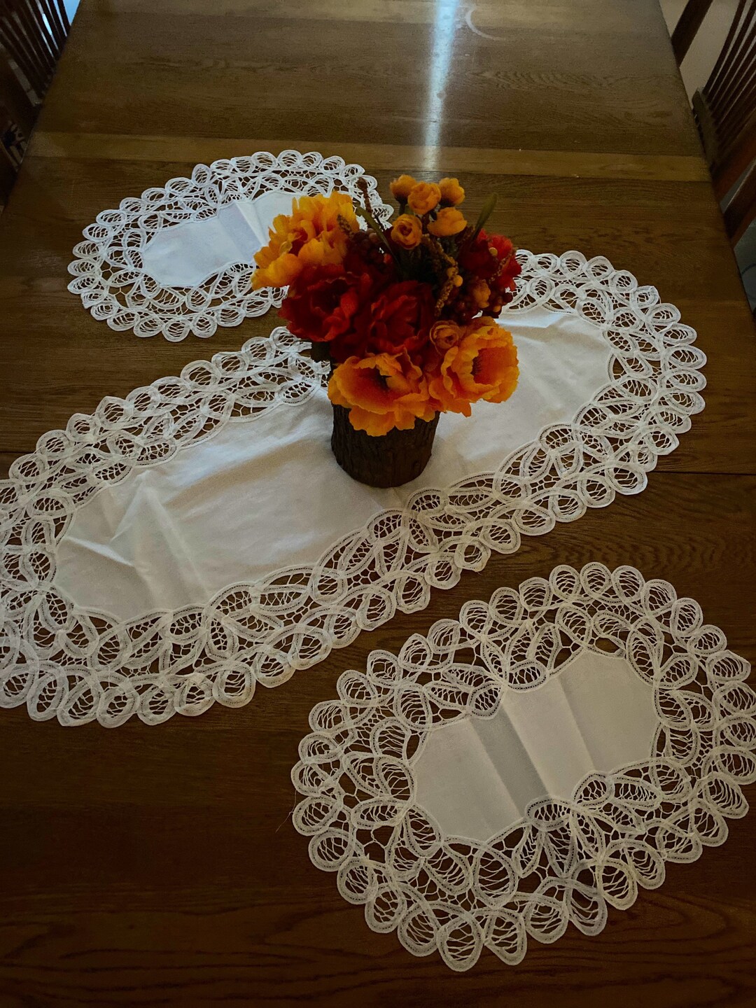 3 Piece Oval White Battenburg Lace Table Runner and 2 Smaller Doilies ...
