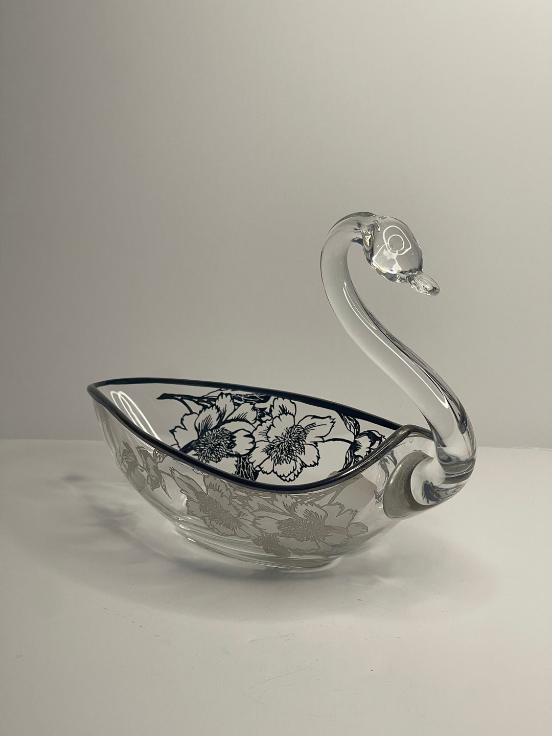 Vintage Glass Swan Bowl With Floral Silver Inlay - Etsy