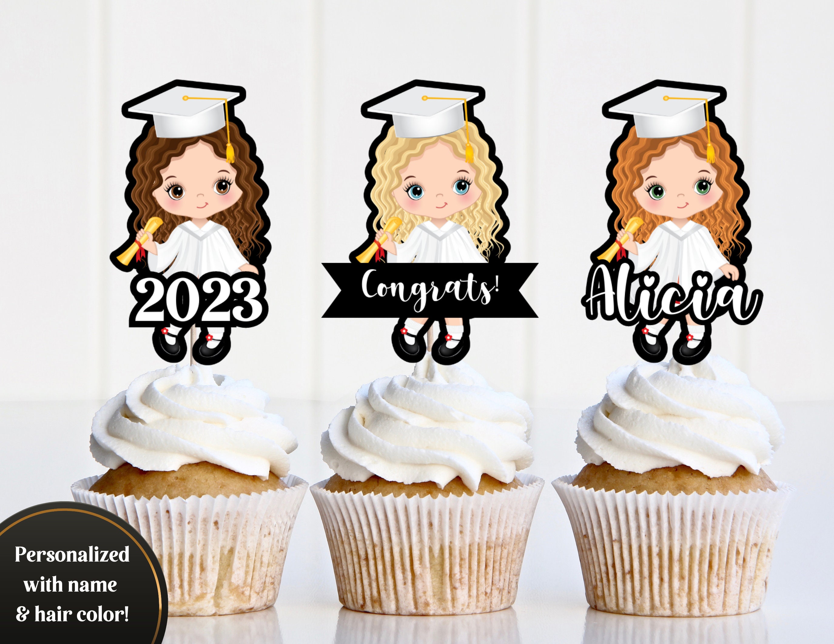GRADUATION Cupcake TOPPERS PRINTABLE Personalized With Name & Hair ...