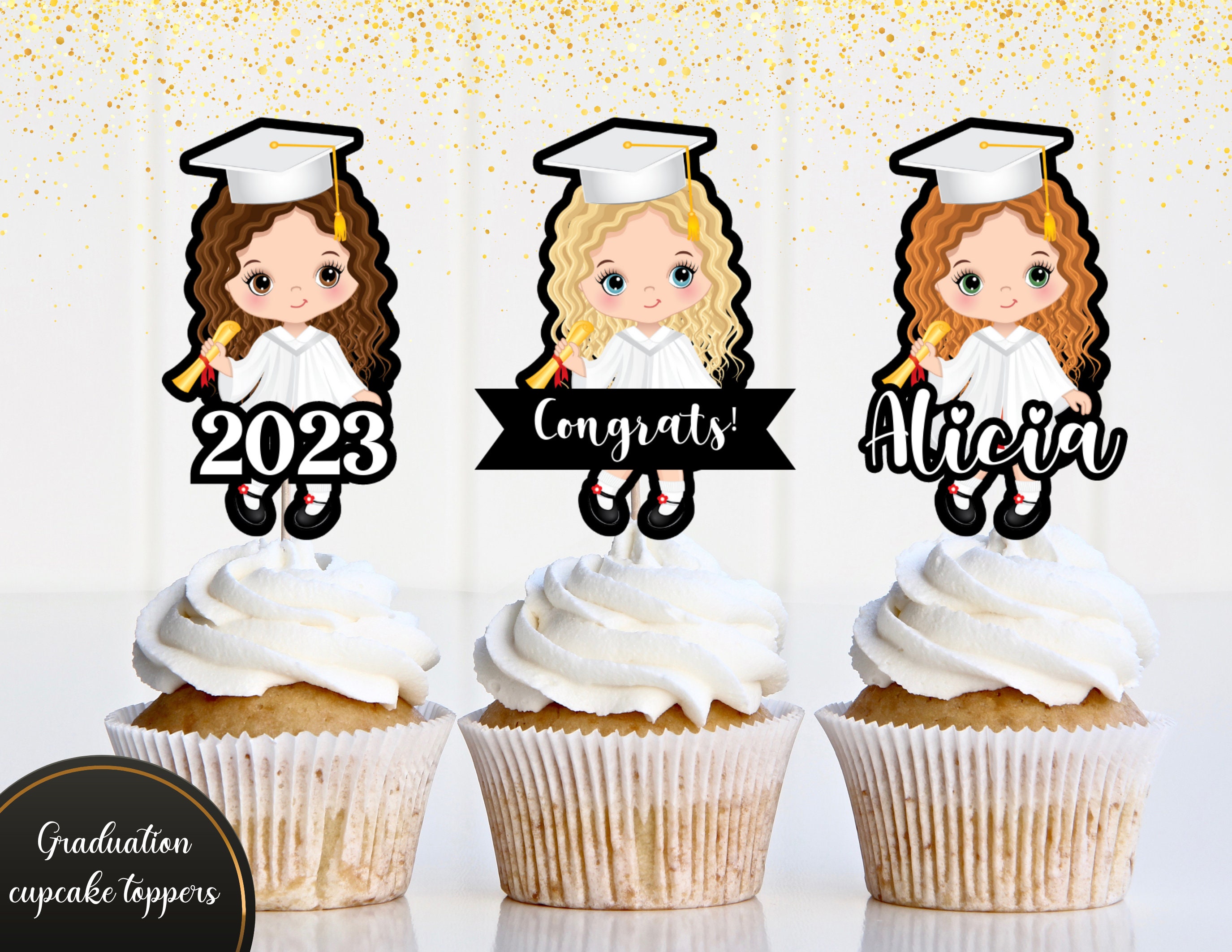 GRADUATION Cupcake TOPPERS PRINTABLE Personalized With Name & Hair ...