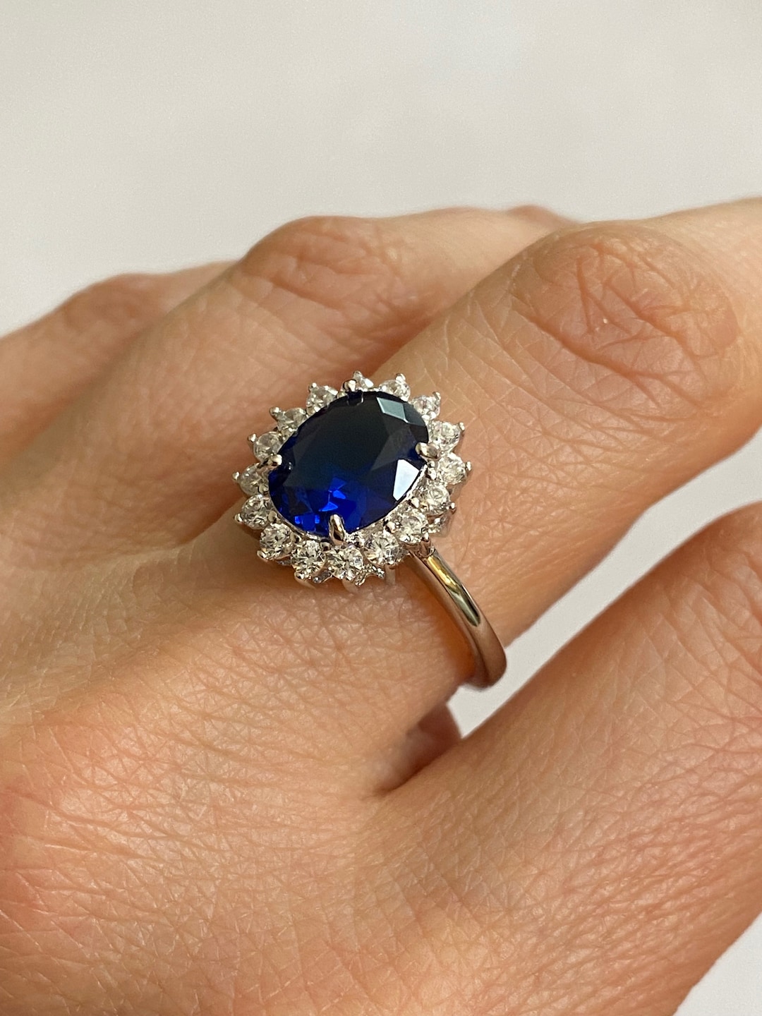 Princess Diana Ring, Engagement Ring, Sapphire Oval Ring, Rhodium Over ...