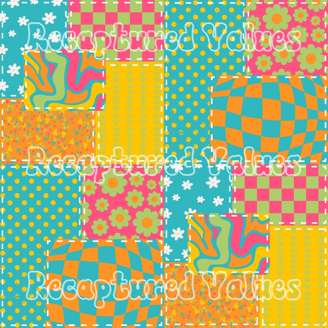 Spring Groovy Retro Patchwork Seamless File for Fabric Sublimation, Repeating Pattern, Digital ...