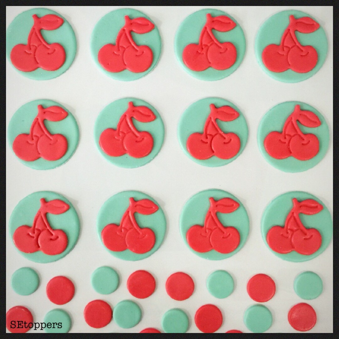 12 Fondant Cherry Cupcake Toppers With 24 Matching Polka Dots , Teal ...