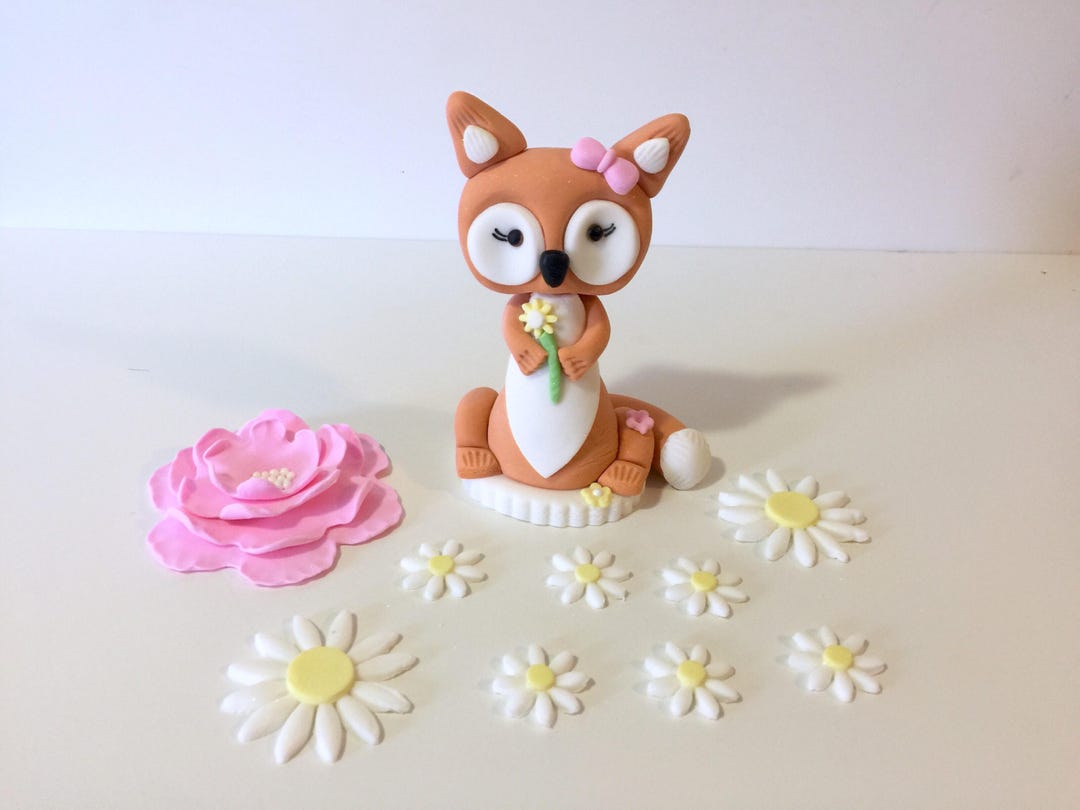 Fondant Fox, Baby Shower, Fox Cake Topper, Girly, Pink, Fondant Flowers ...