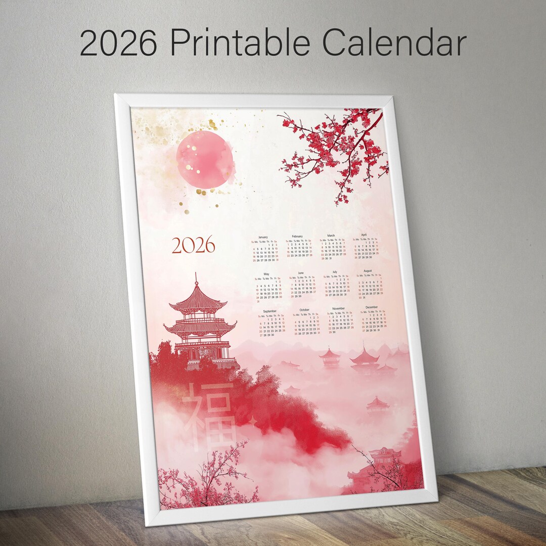 2026 Printable Calendar. Asian Wall Art Poster. Minimal Zen Pagoda ...
