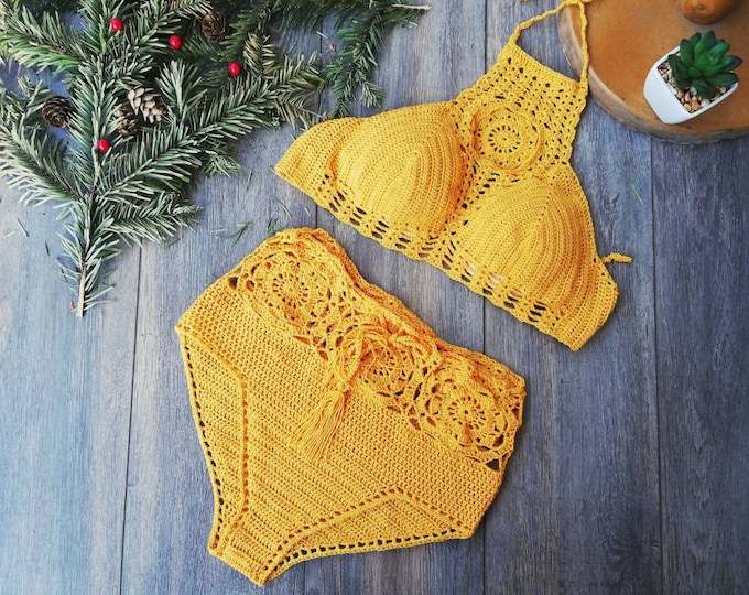 High Waist Crochet Swimsuit, Lace High Waisted Crochet Bikini Set, Lace ...