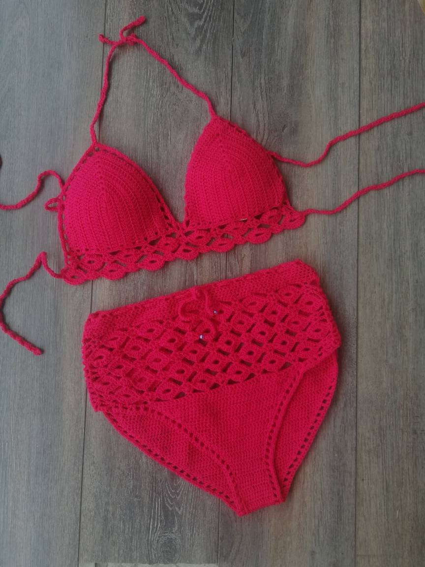 Yellow High Waisted Swimsuit Crochet Bikini Boho Bikini - Etsy