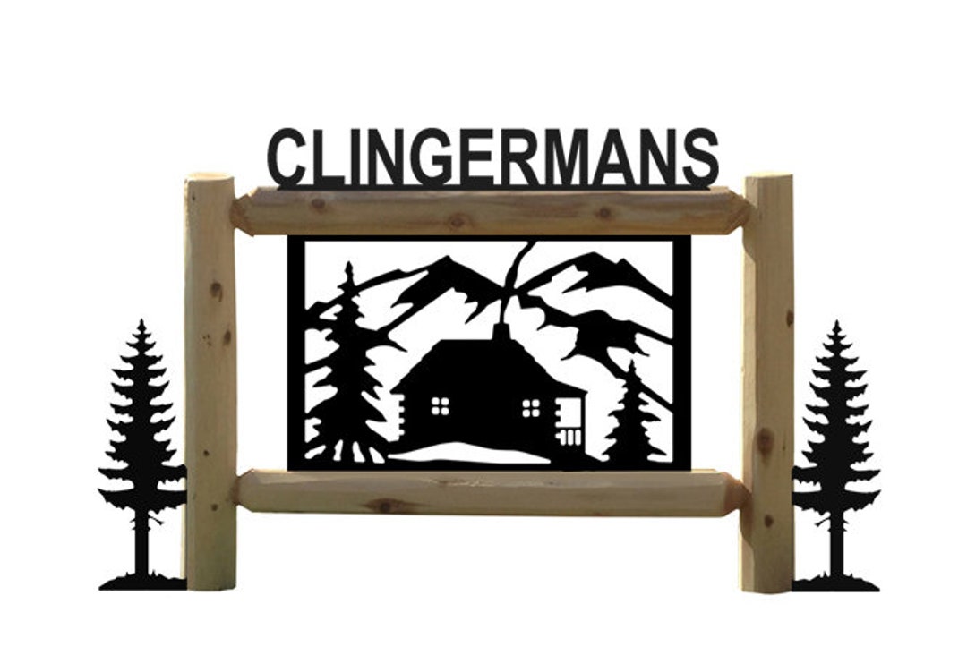 Log Cabin Personalized Outdoor Sign With Side Pine Trees - Etsy