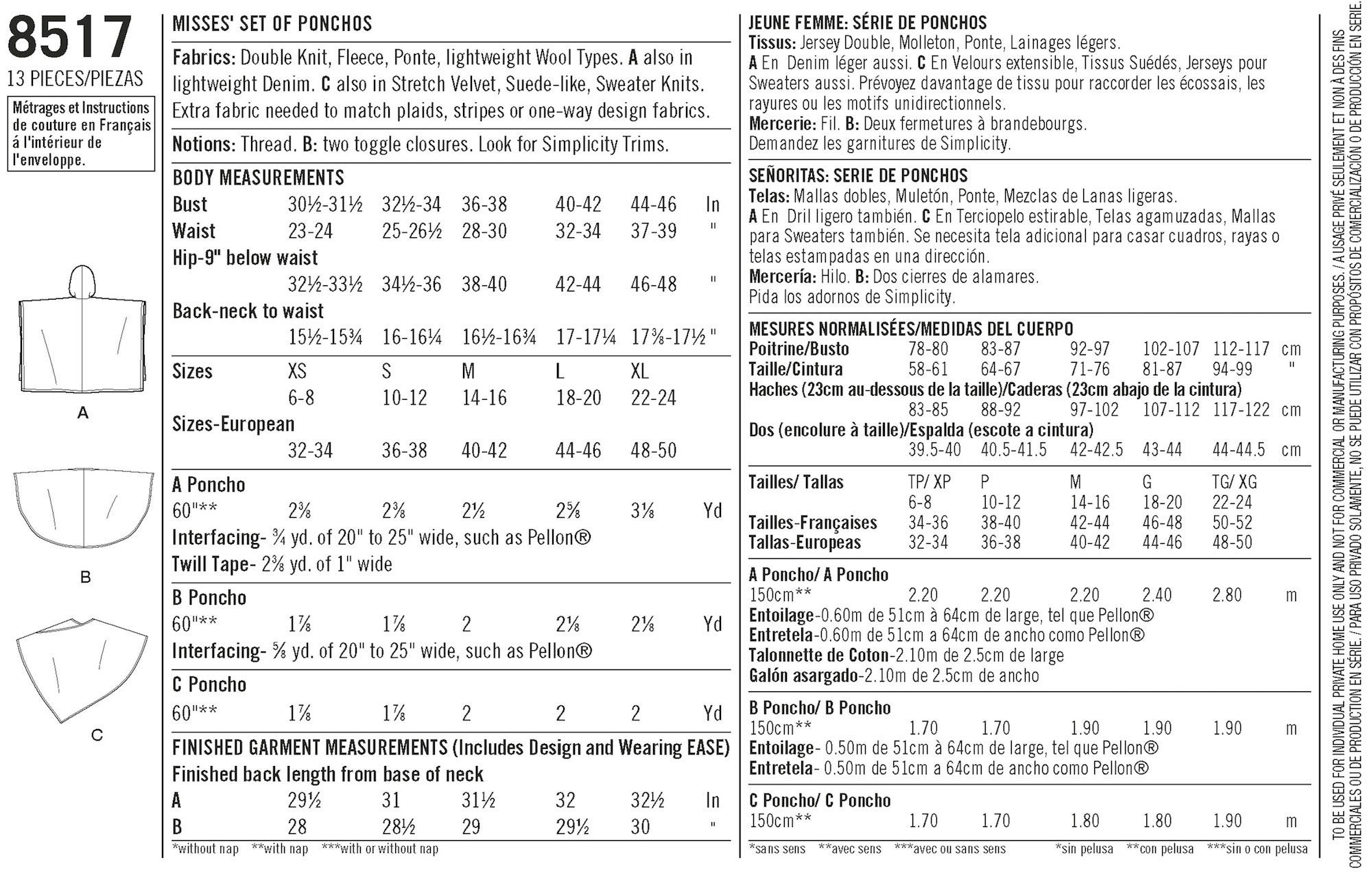 Simplicity 8517 Misses' Set of Ponchos. Misses Size XS - XL - Etsy