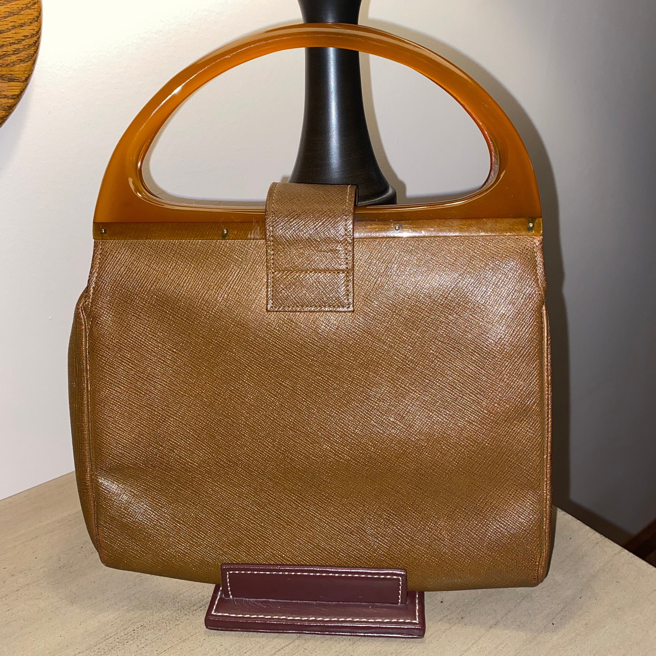 Vintage 60's Brown Textured Leather Lucite/bakelite Handbag Purse - Etsy