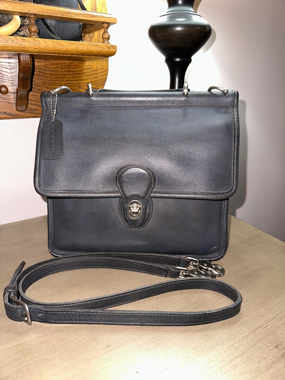 Vintage COACH Willis Top Handle Flannel Grey Leather Shoulder Messenger ...