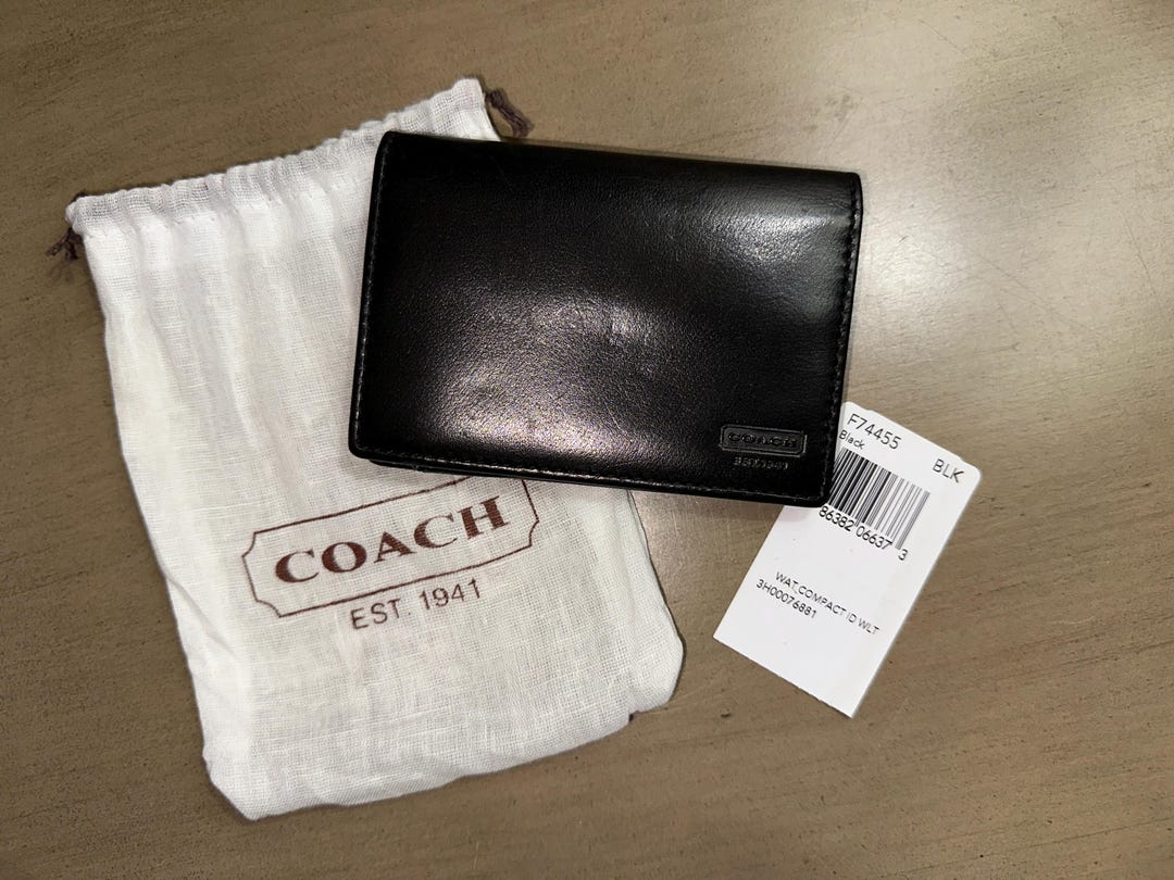 New COACH Water Buffalo Leather Compact ID Wallet Black 74455 - Etsy