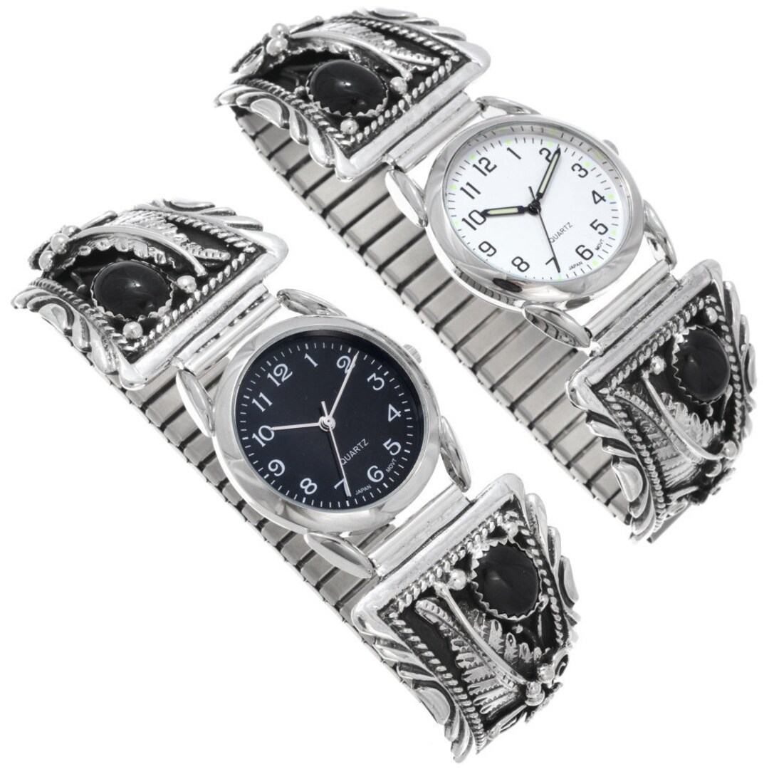 Native American Onyx Silver Mens Watch Traditional Navajo Sterling Tips ...